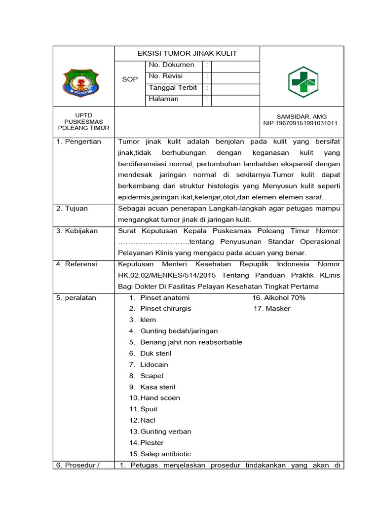 Sop Eksisi Tumor Jinak Kulit | PDF | Sains & Matematika