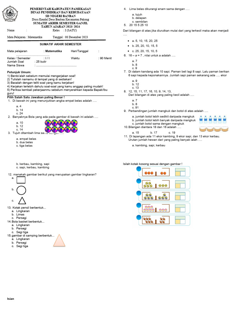 Soal PAS MTK KLS 1 Sem 1 | PDF