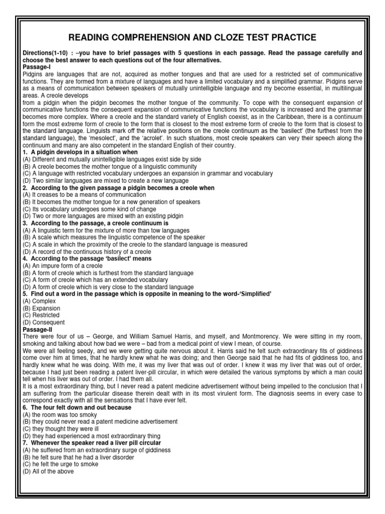 READING COMPREHENSION AND CLOZE TEST PRACTICE - Docxs | Download Free ...