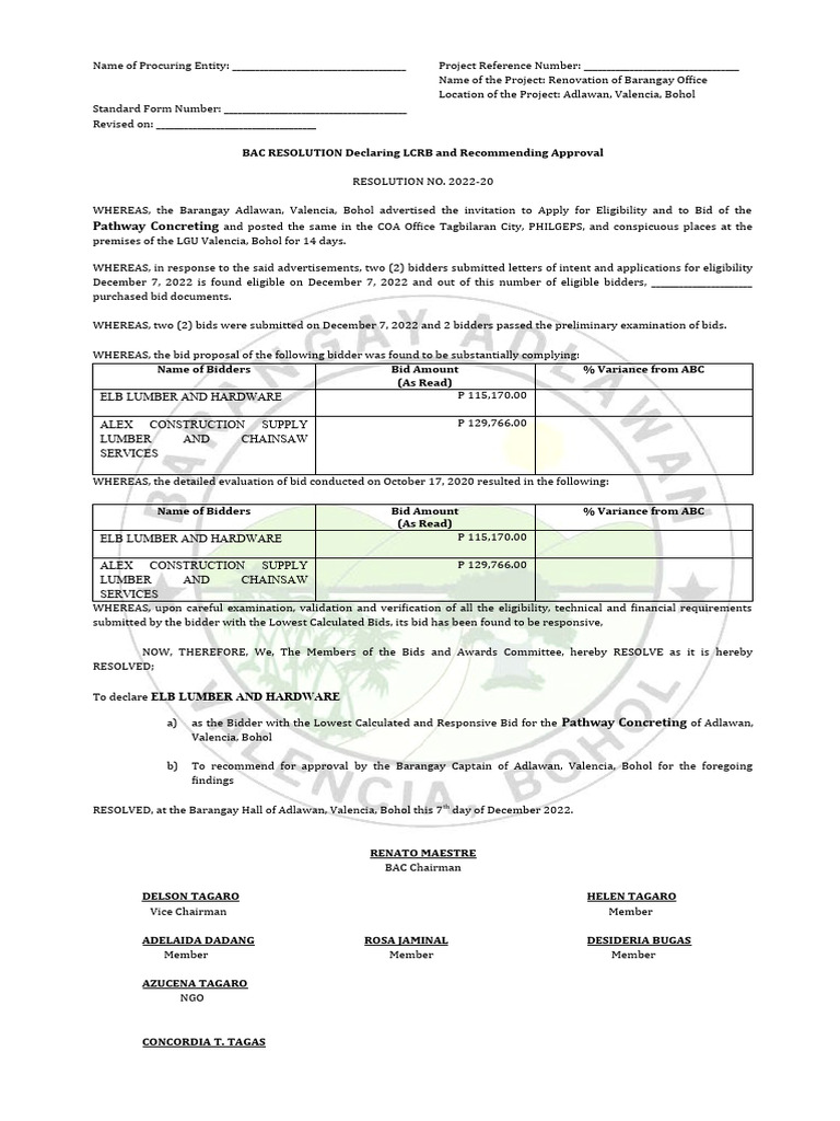 Bac Reso Recommending Approval Elb Office 2022 | PDF
