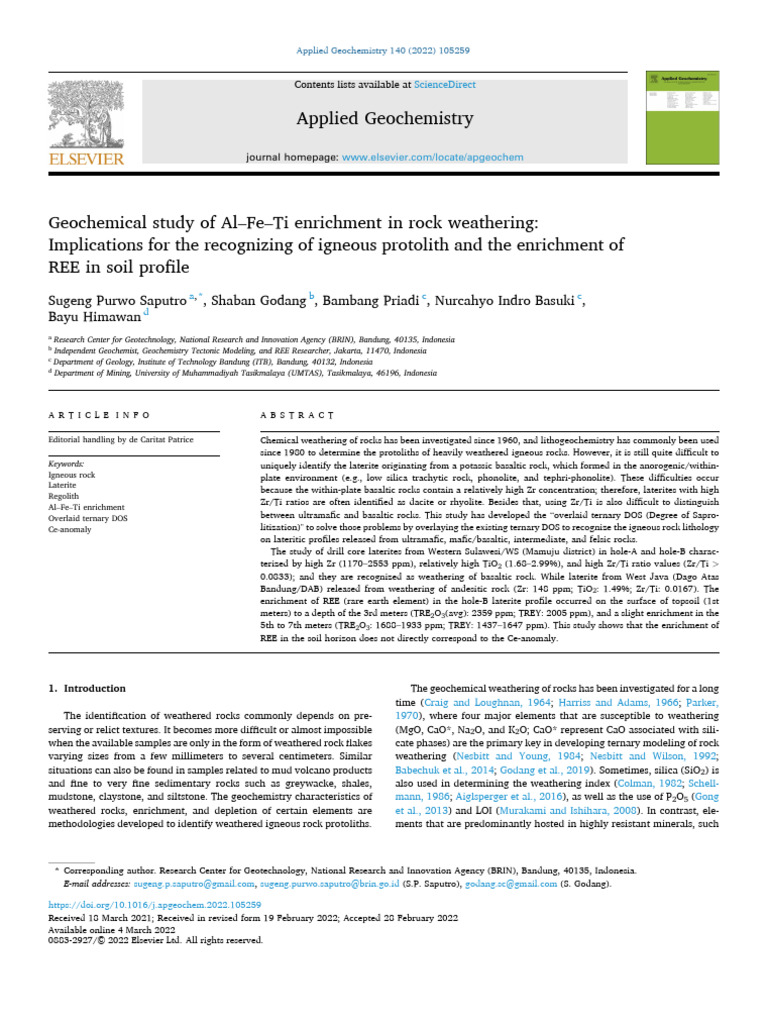 Geochemical Study of Al-Fe-Ti Enrichment in Rock Weathering ... - S.P ...