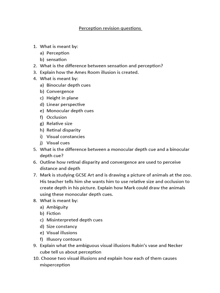 New Perception Revision Questions | PDF | Perception | Vision