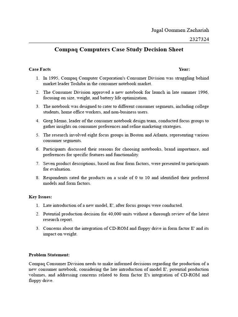 Compaq Computers Case Study Decision Sheet | PDF | Focus Group | Laptop