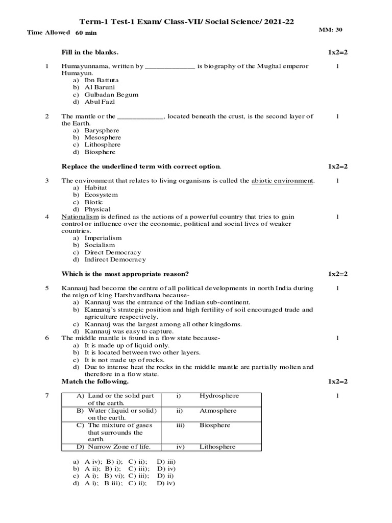 7 SST Test 1 2021-22 | PDF | Natural Environment | Earth