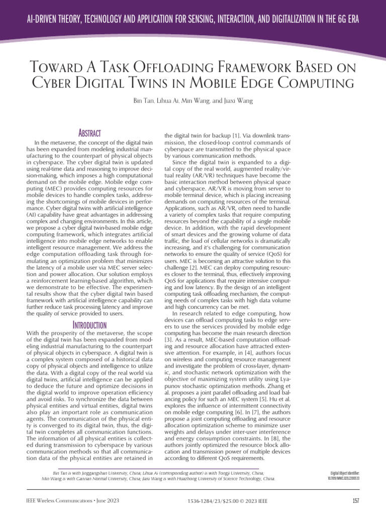 Toward A Task Offloading Framework Based On Cyber Digital Twins in Mobile Edge Computing 2 | PDF ...