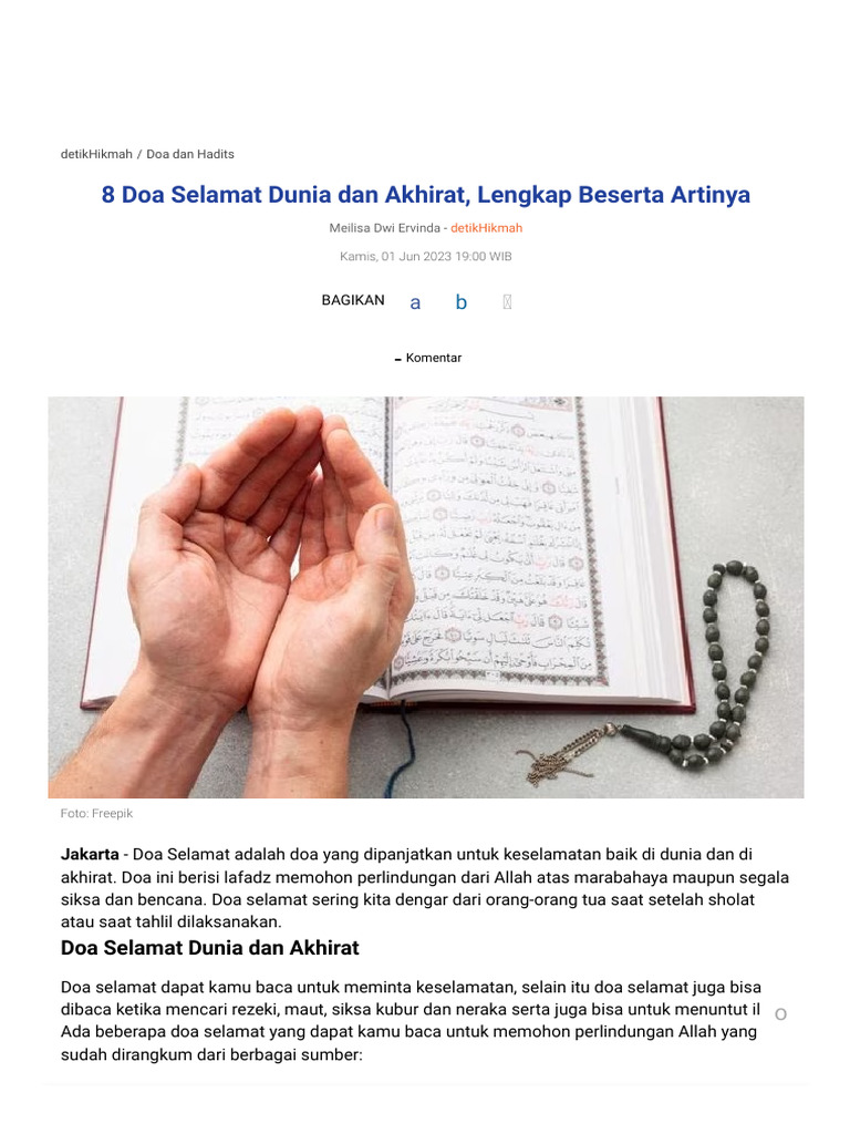 8 Doa Selamat Dunia Dan Akhirat, Lengkap Beserta Artinya | PDF