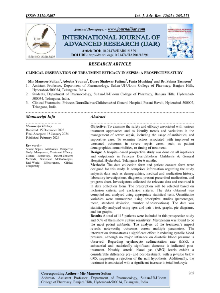 CLINICAL OBSERVATION OF TREATMENT EFFICACY IN SEPSIS: A PROSPECTIVE ...