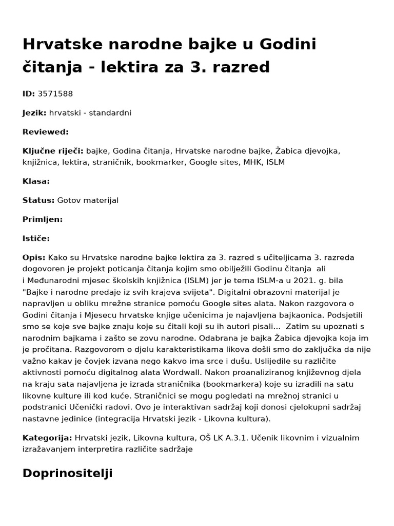 Hrvatske Narodne Bajke U Godini Čitanja - Lektira Za 3. Razred | PDF