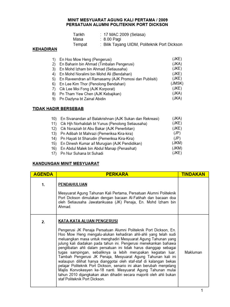 Contoh Minit Mesyuarat Agung Kali-1 | PDF
