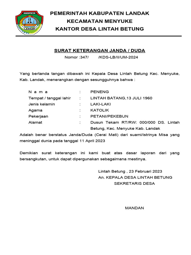 Contoh Surat Ket Janda Duda | PDF