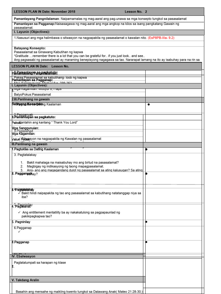 Lesson Plan ESP 8 Gratitude | PDF