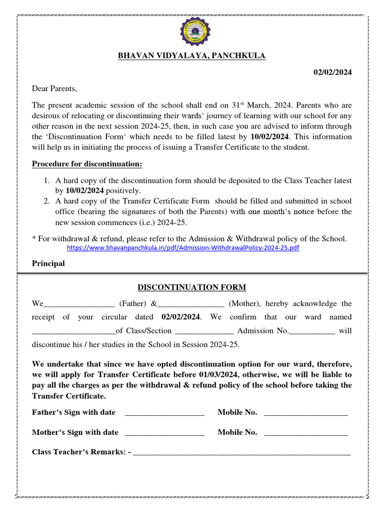 Circular 20240202143812 Circular - Discontinue Form - Nur To Ix Xi | PDF