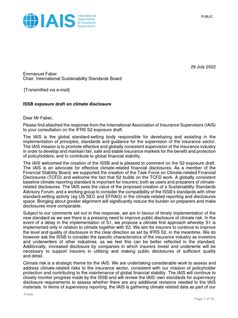 IAIS Response To ISSB Climate Exposure Draft | PDF