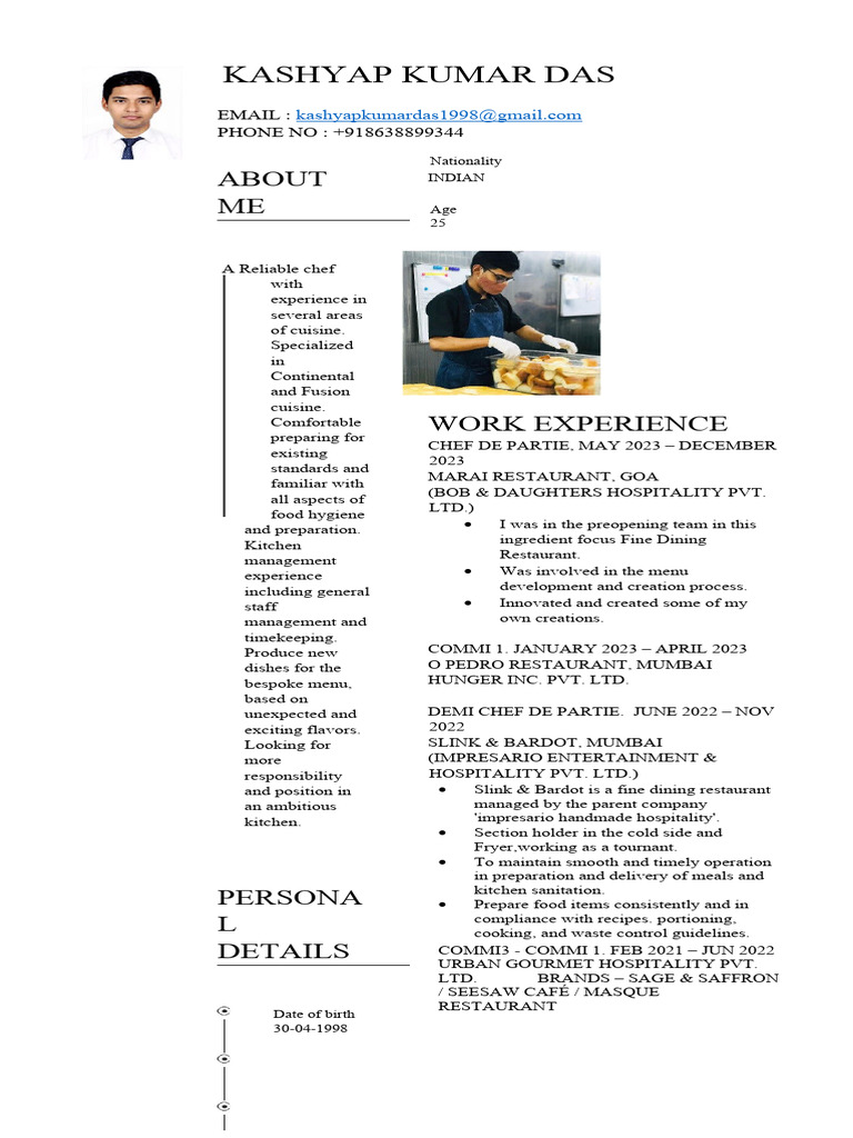 Kashyap Resume | PDF | Restaurants | Chef