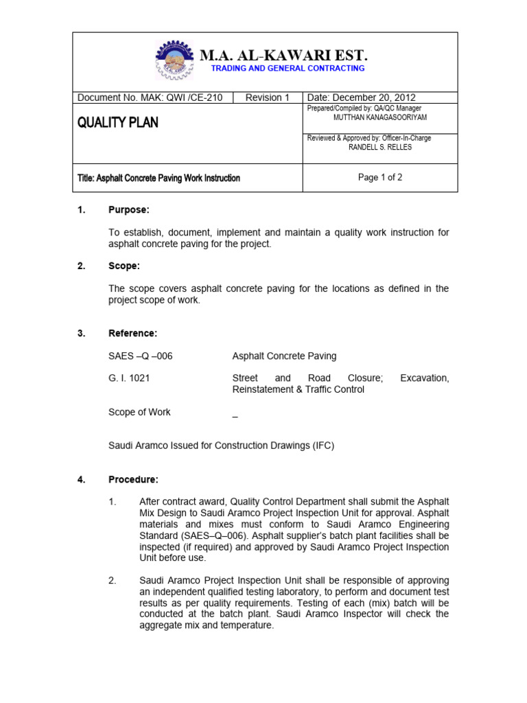 73-QWI-CE-210 Asphalt Concrete Paving | PDF | Road Surface | Concrete