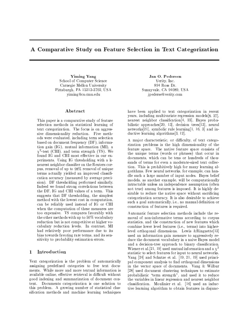 A Comparative Study On Feature Selection in Text Categorization | PDF