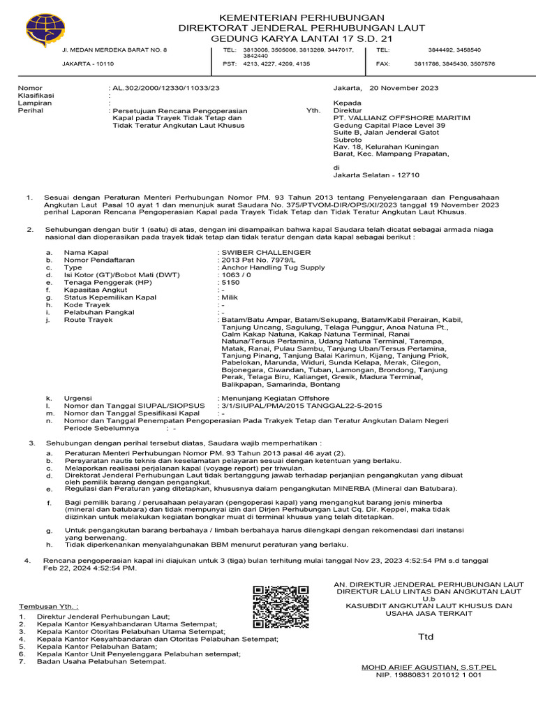 Persetujuan Operasi Swiber Challenger | PDF