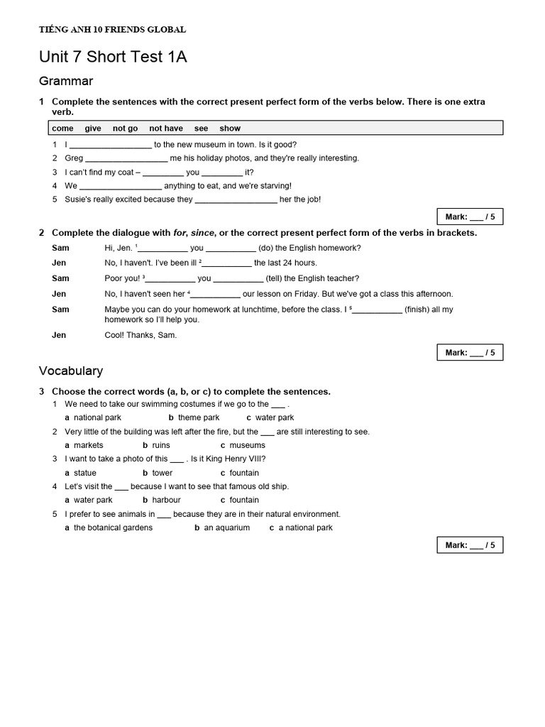 U7 Short Test 1a Pdf Grammar Linguistics