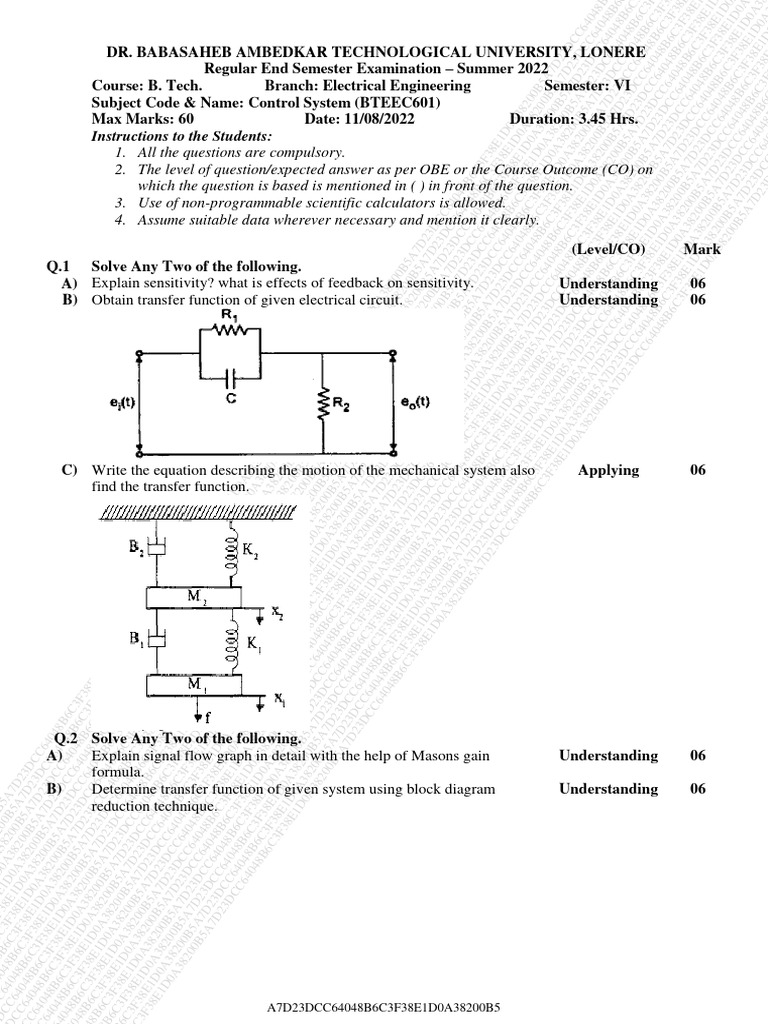 Btech Ee 6 Sem Control System Bteec601 Aug 2022 | PDF | Control Engineering | Computer Engineering