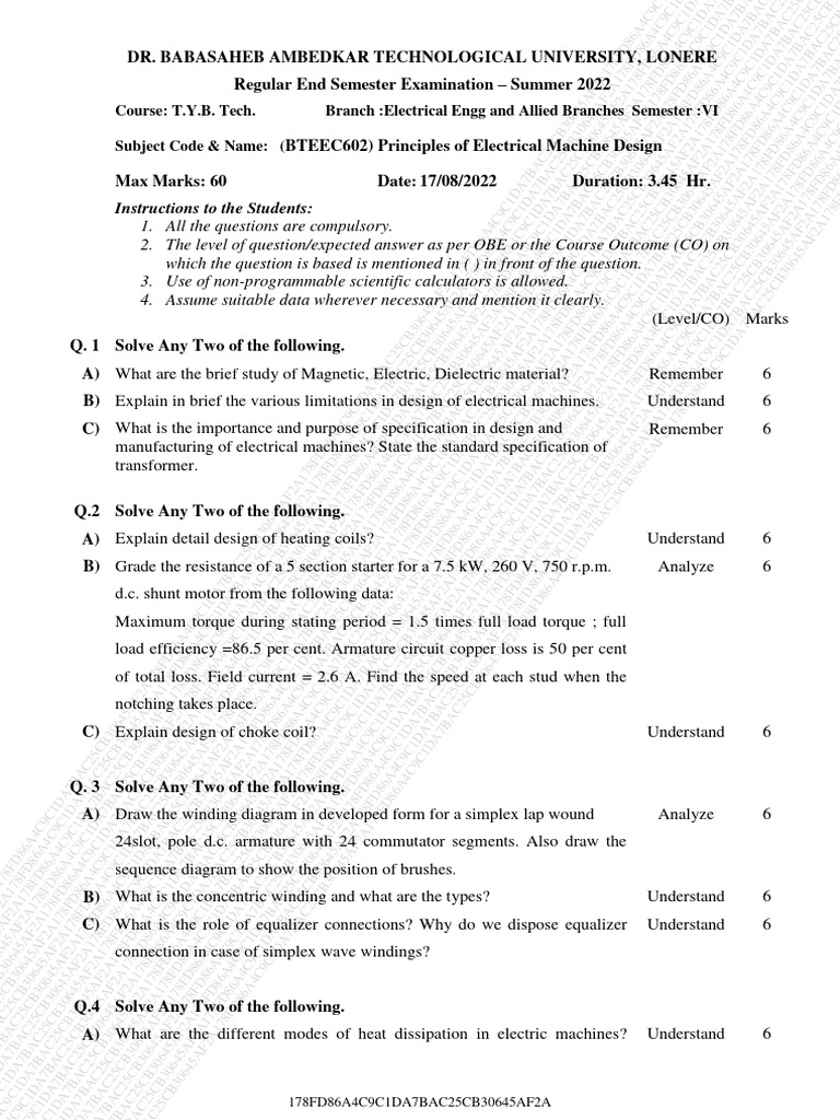 Btech Ee 6 Sem Principles of Electrical Machine Design Bteec602 Aug 2022 | PDF | Electrical ...