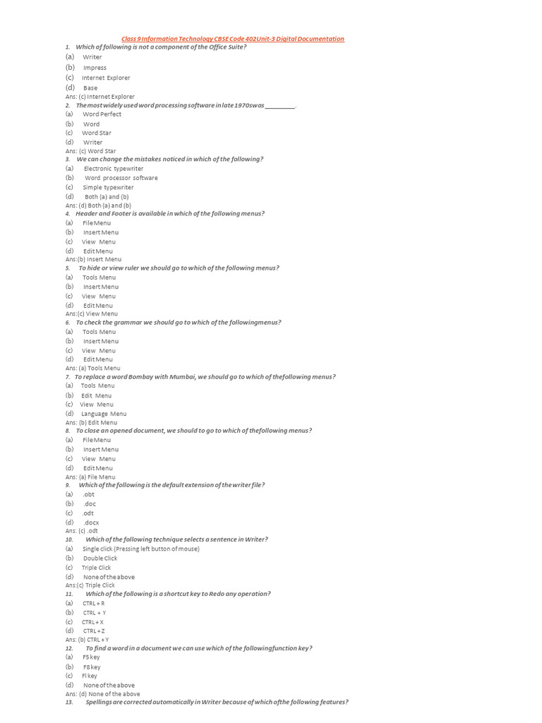 Class 9 Information Technology CBSE Code 402 Unit-3 | PDF | Microsoft ...