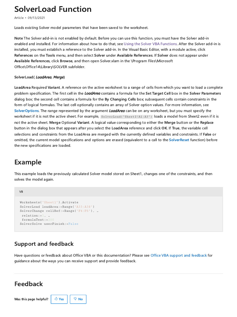 Excel SolverLoad Function Guide | PDF | Visual Basic For Applications | Parameter (Computer ...