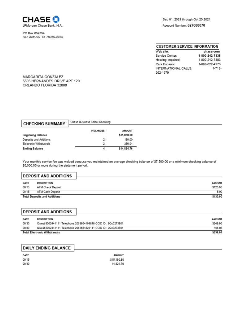 Chase Bank Statement | PDF | Chase Bank | Personal Finance