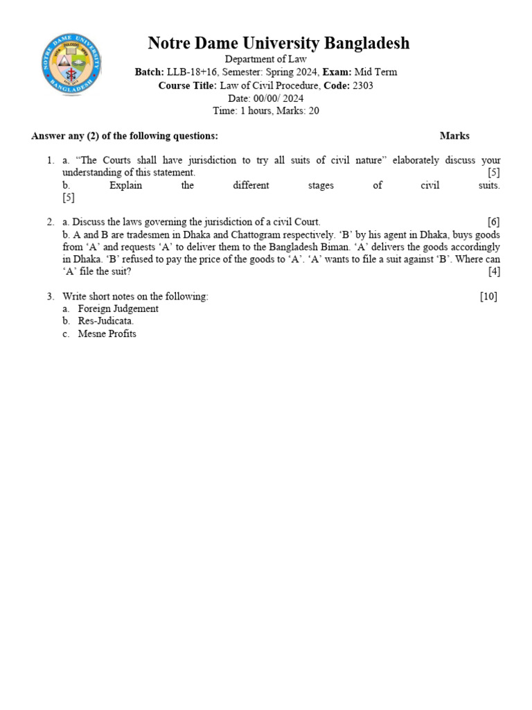 Notre Dame University Bangladesh: Batch: LLB-18+16, Semester: Spring ...