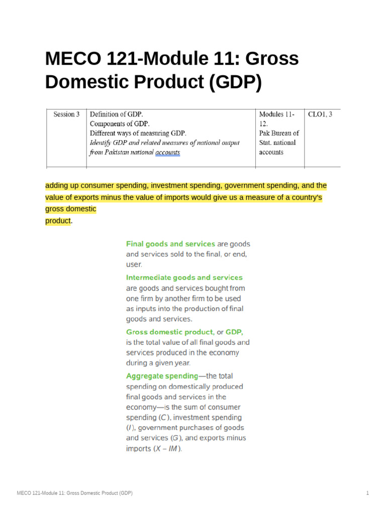 MECO 121-Module 11 Gross Domestic Product (GDP) | PDF | Gross Domestic ...