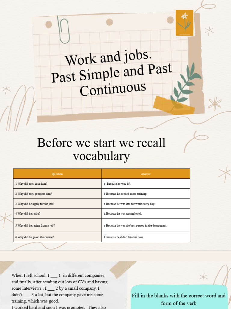 Work and Jobs. Past Simple and Past Continuous | Download Free PDF ...