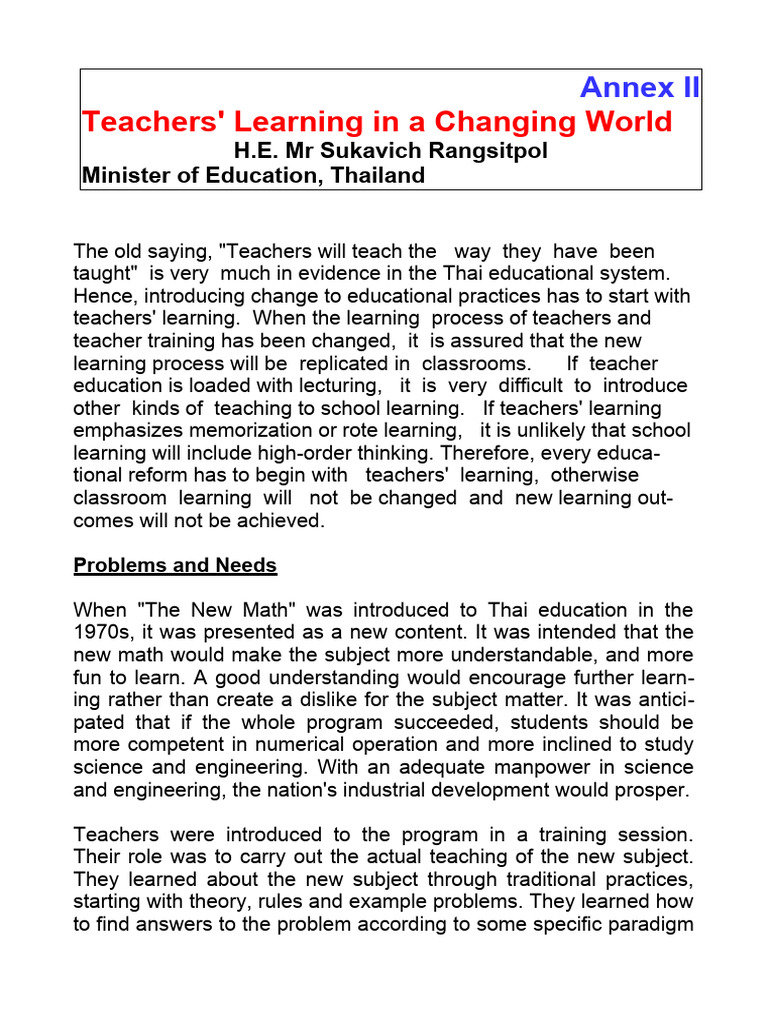 His Excellency Sukavich Rangsitpol's. Teacher Learning in Changing ... His Excellency Sukavich Rangsitpol's. Teacher Learning in Changing ...