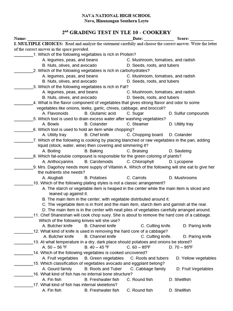 TLE 2nd Grading Test | PDF | Wellness