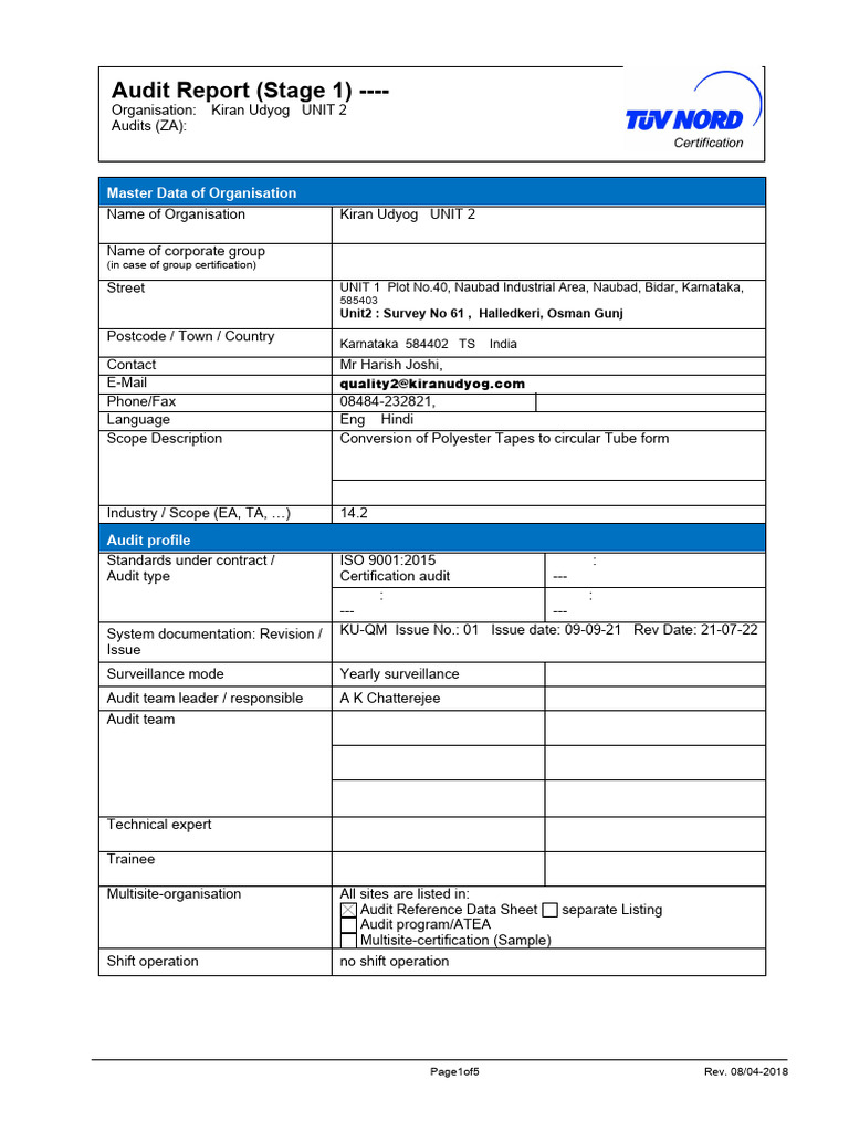 A00F204e Audit Report - Stage 1 | PDF | Iso 9000 | Audit