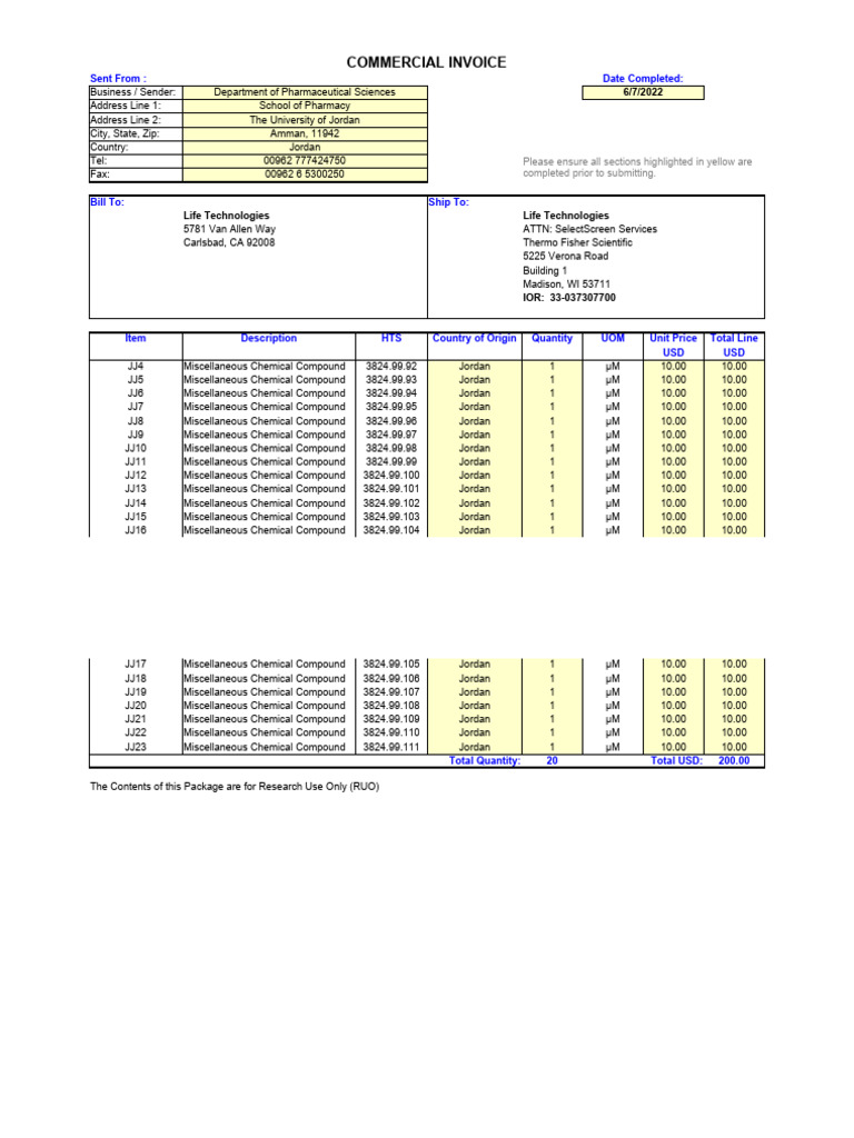 Commercial Invoice for Chemical Compounds | PDF | Life Sciences | Therapy