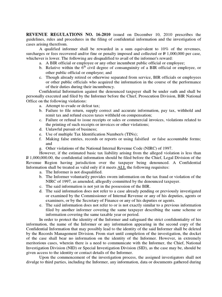 BIR RR 16-2010 Confidential Information Reporting | PDF | Justice ...