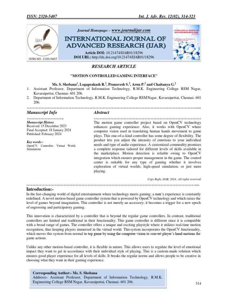Motion Controlled Gaming Interface Pdf Usability Virtual Reality