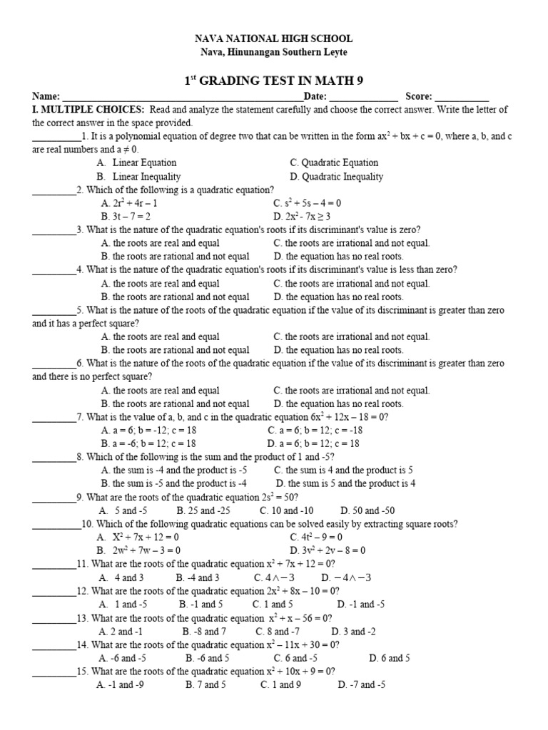 1st Grading Test | PDF | Quadratic Equation | Equations