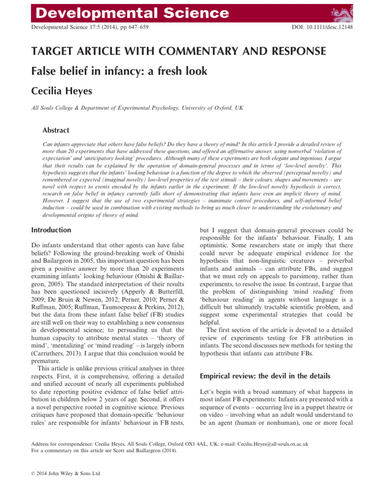 Heyes False Belief in Infancy | PDF | Theory Of Mind | Experiment