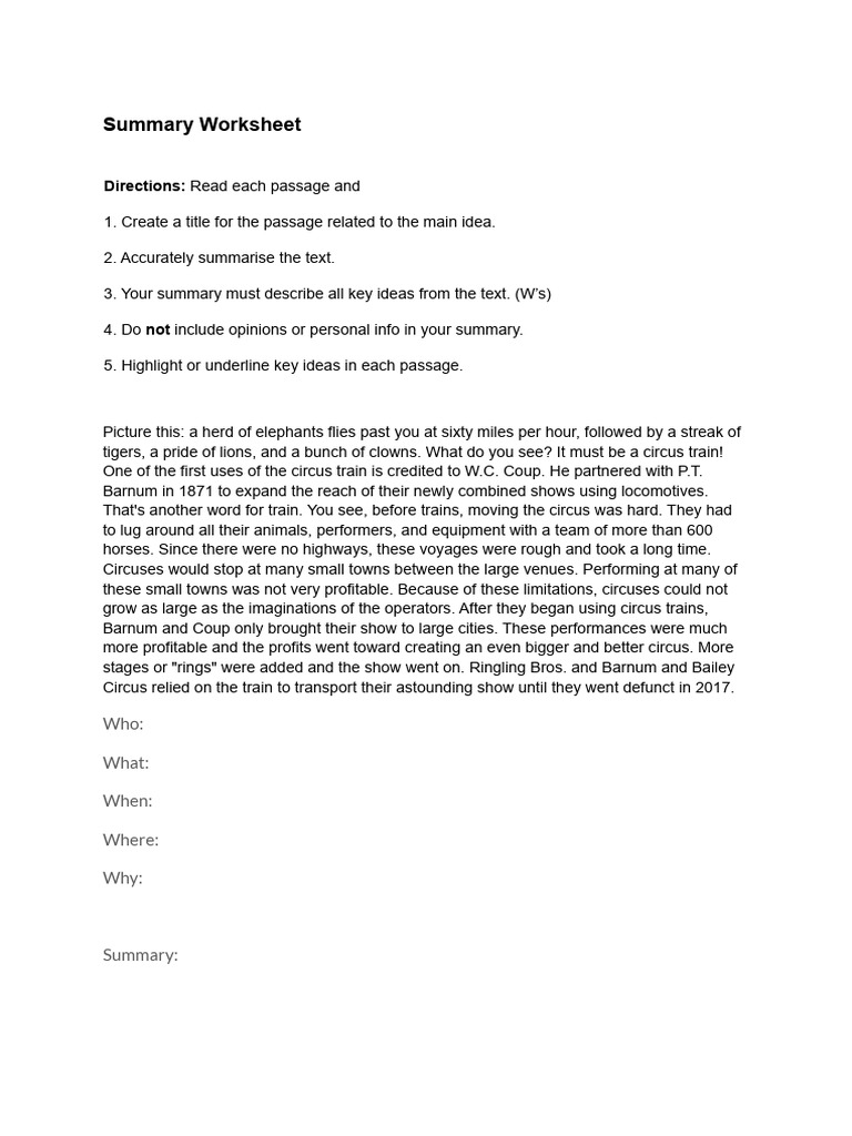 Summary Worksheet | PDF | Ringling Bros. And Barnum & Bailey Circus ...