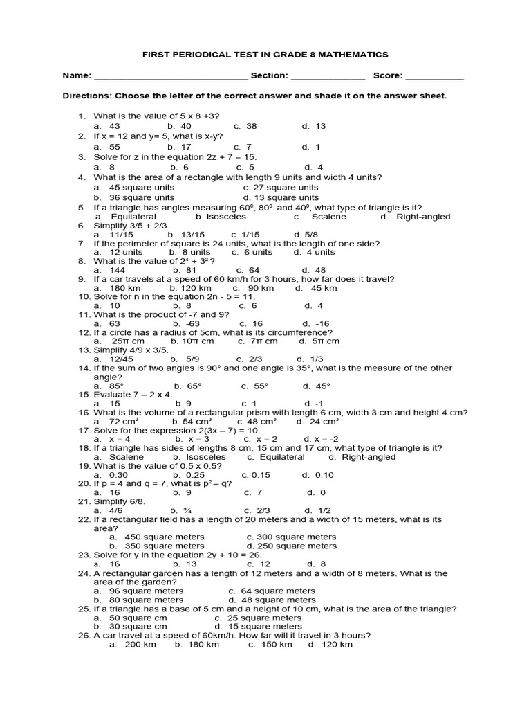 Updated - Test in Grade 8 Mathematics | PDF | Teaching Methods ...