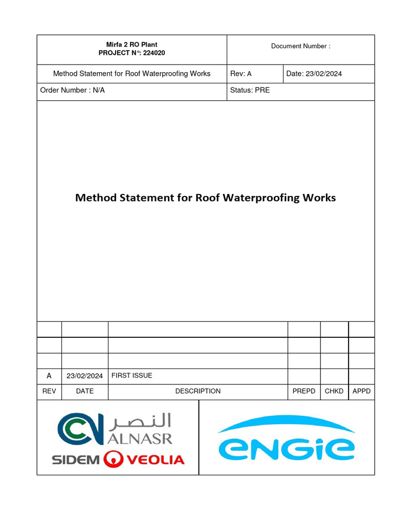 Method Statement - Roof Waterproofing Works | PDF | Concrete | Specification (Technical Standard)