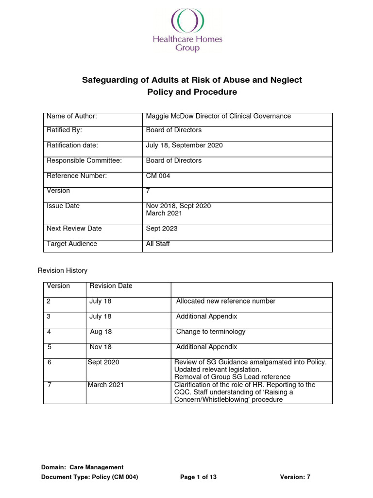 Safeguarding of Adults at Risk of Abuse and Neglect Policy V7 CM 004 ...