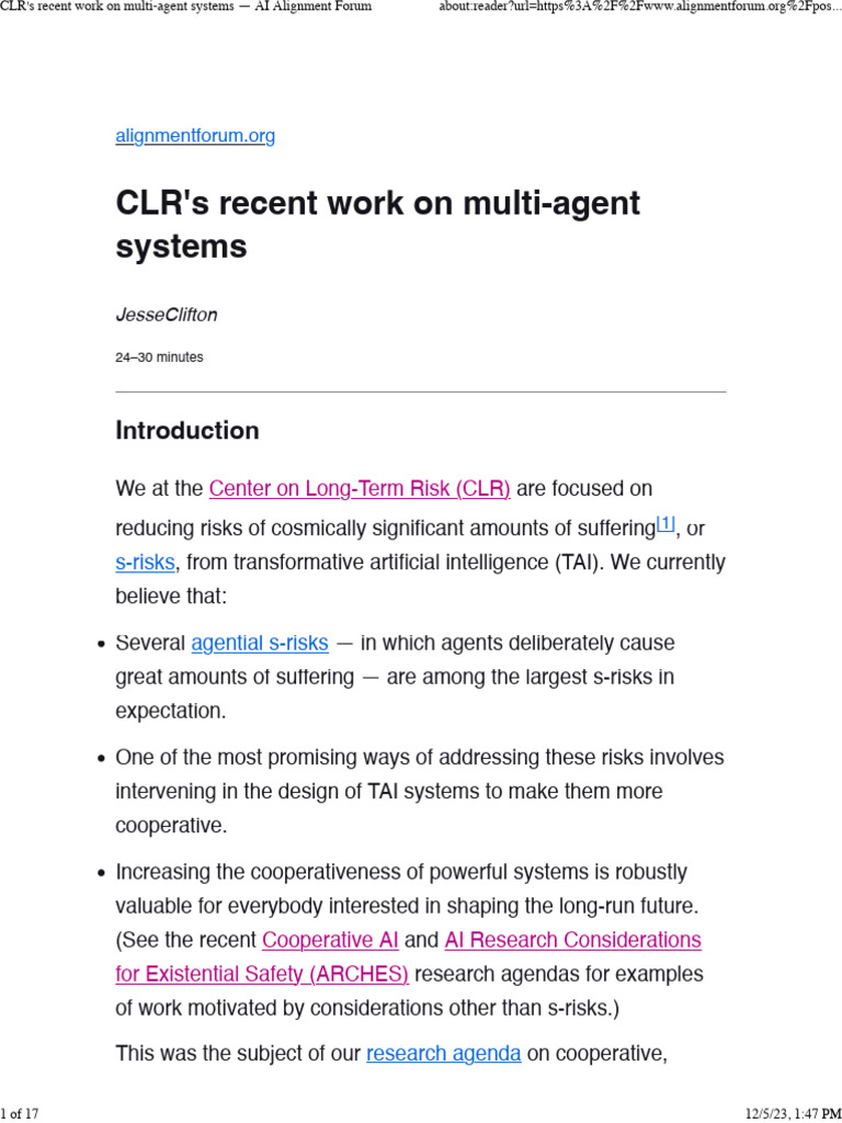 CLR's Recent Work On Multi-Agent Systems - AI Alignment Forum | PDF | Artificial Intelligence ...