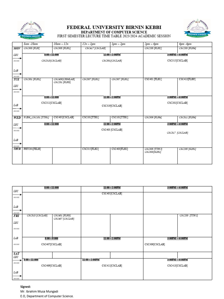 First Semester Time Table 2023 - 2024 | PDF
