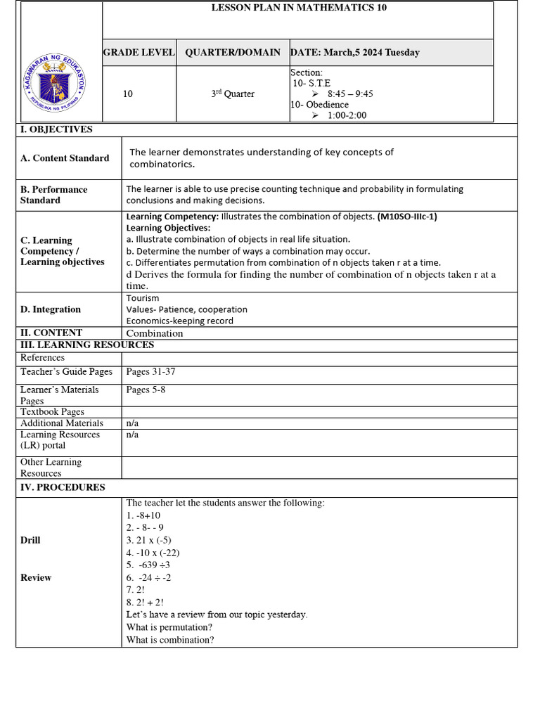 Lesson Plan Combination - Docx Balaba | PDF | Learning | Permutation