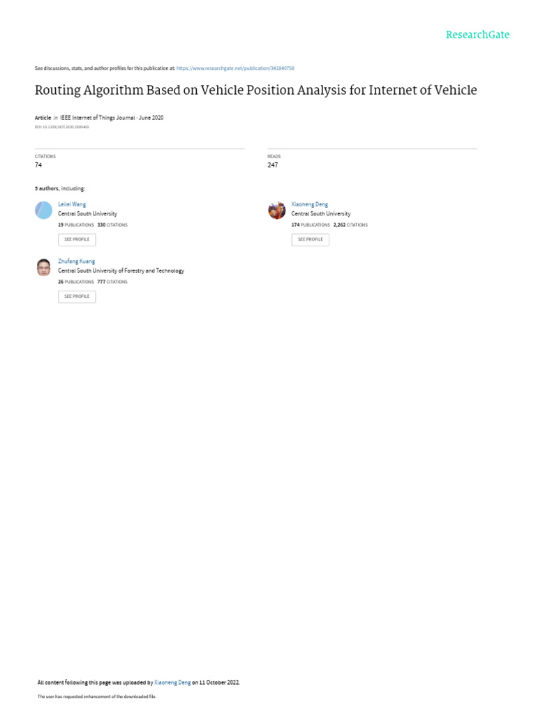 Routing Algorithm Based On Vehicle Position Analysis For Internet of Vehicles | PDF | Routing ...