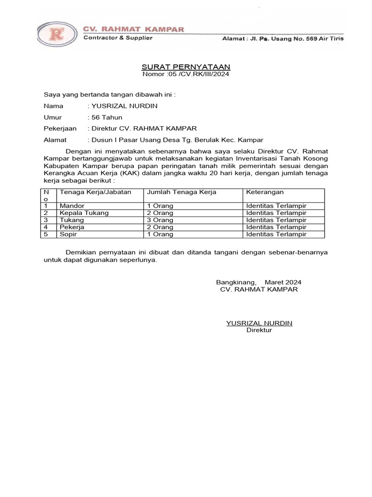 Surat Pernyataan Papan Peringatan CV Rahmat Kampar 2024 | PDF
