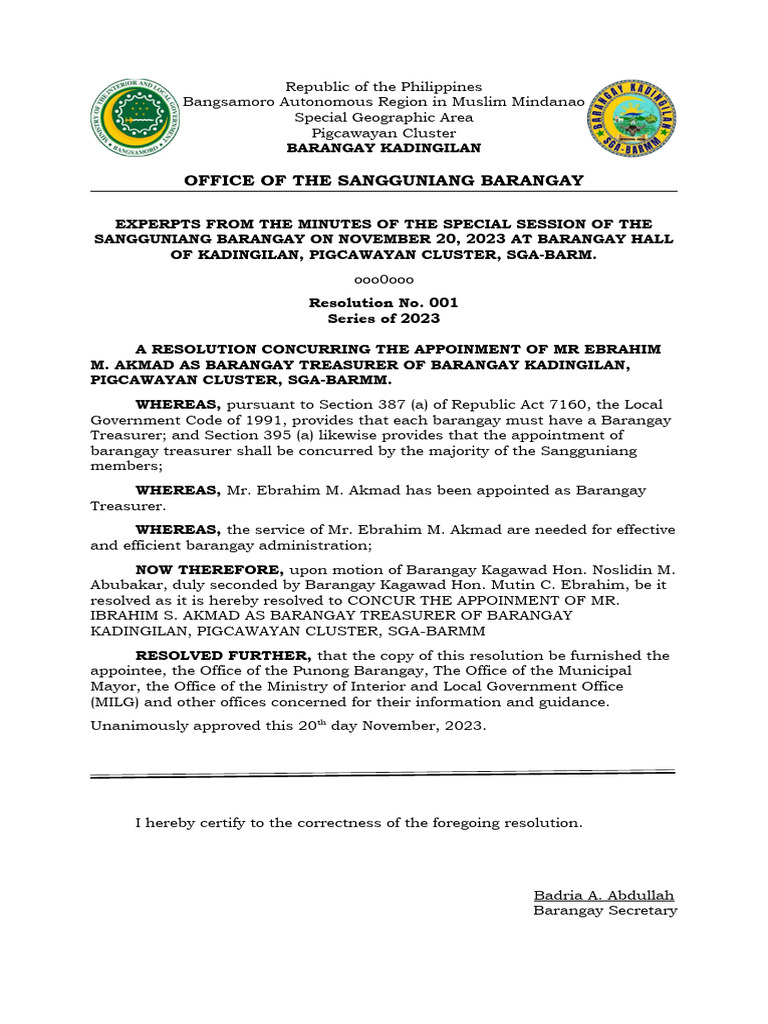 Resolution For Appointment of Brgy Treasurer | PDF