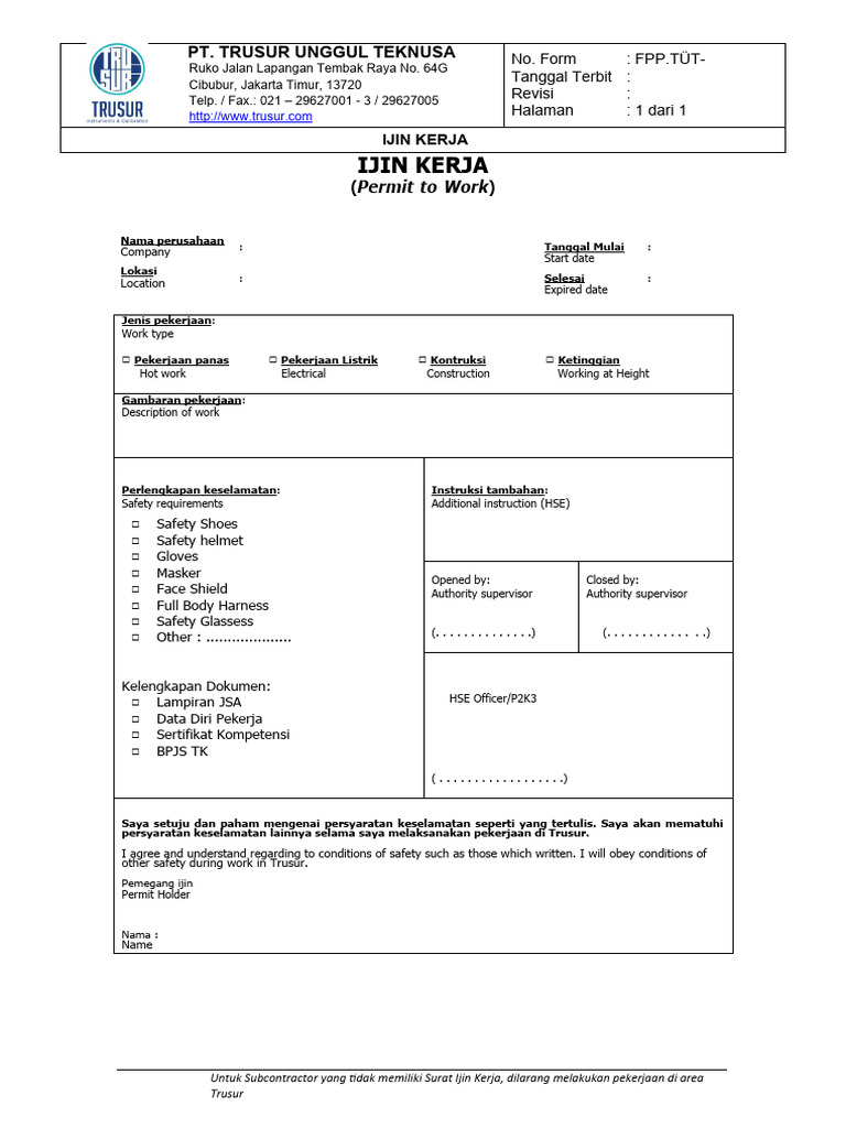 Form Ijin Kerja | PDF