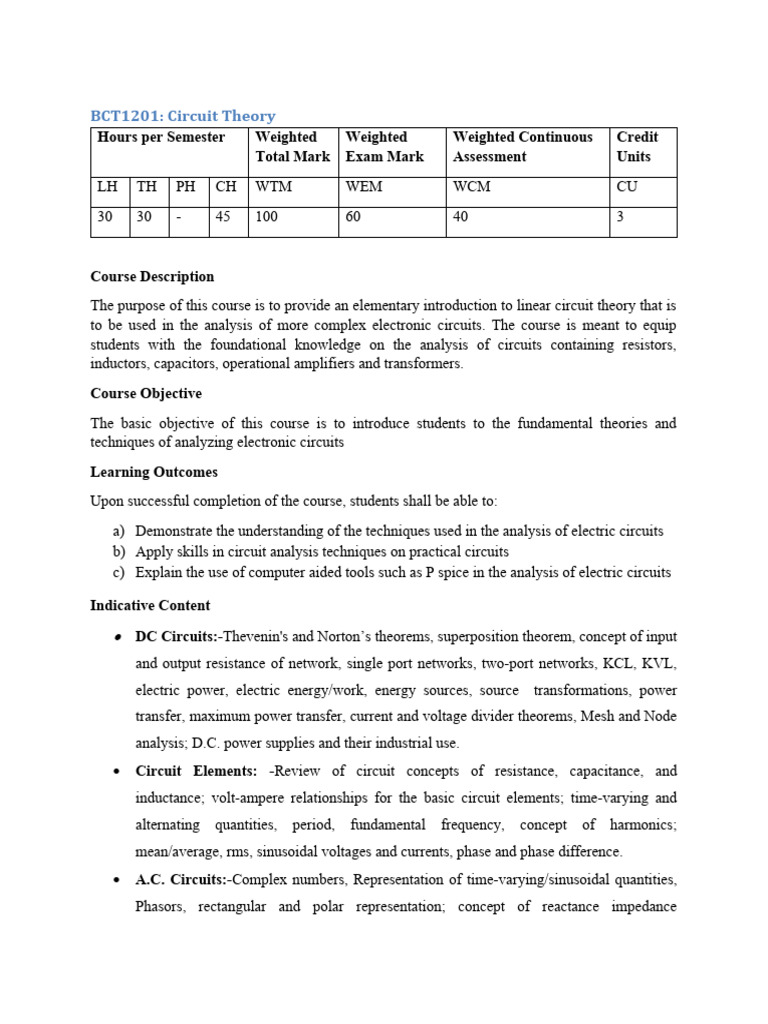 BCT1201 - Circuit Theory | PDF | Electrical Network | Network Analysis (Electrical Circuits)